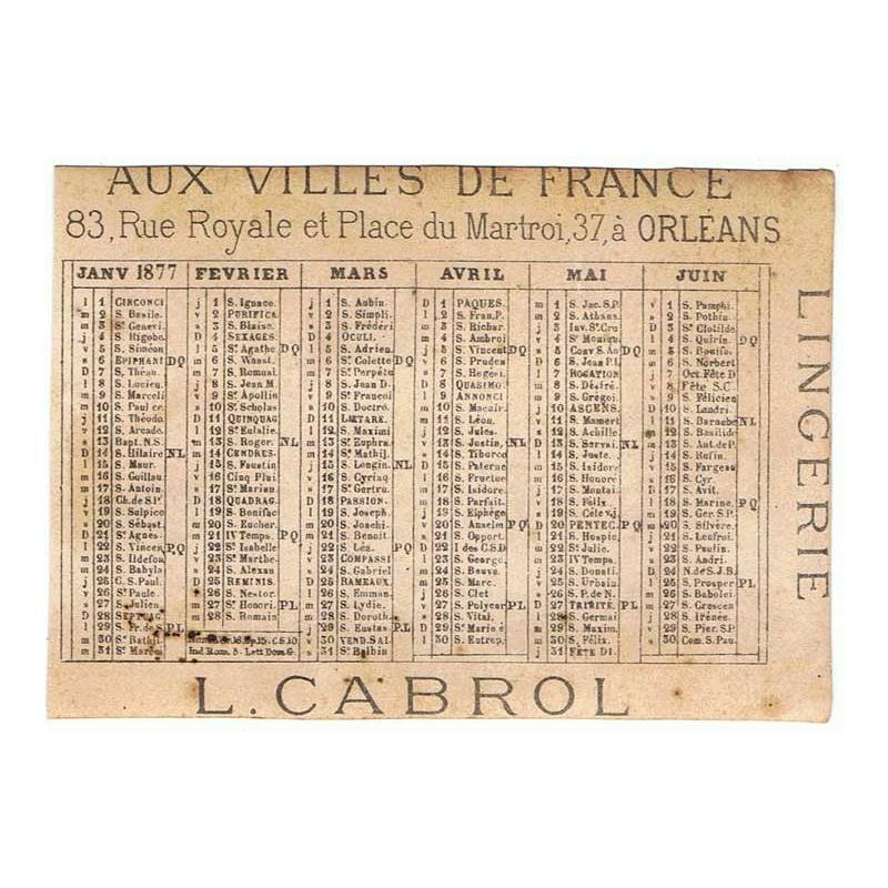 Calendario de 1877. Aux villes de France. Publicidad de Lingerie L. Cabrol